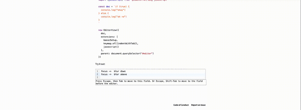 Focus behavior issue - Editor doesn't lose focus when you click above it - discuss.CodeMirror